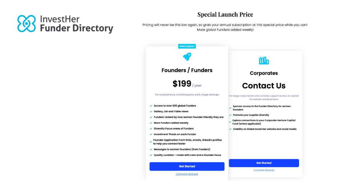 InvestHer Funder Directory - Pricing
