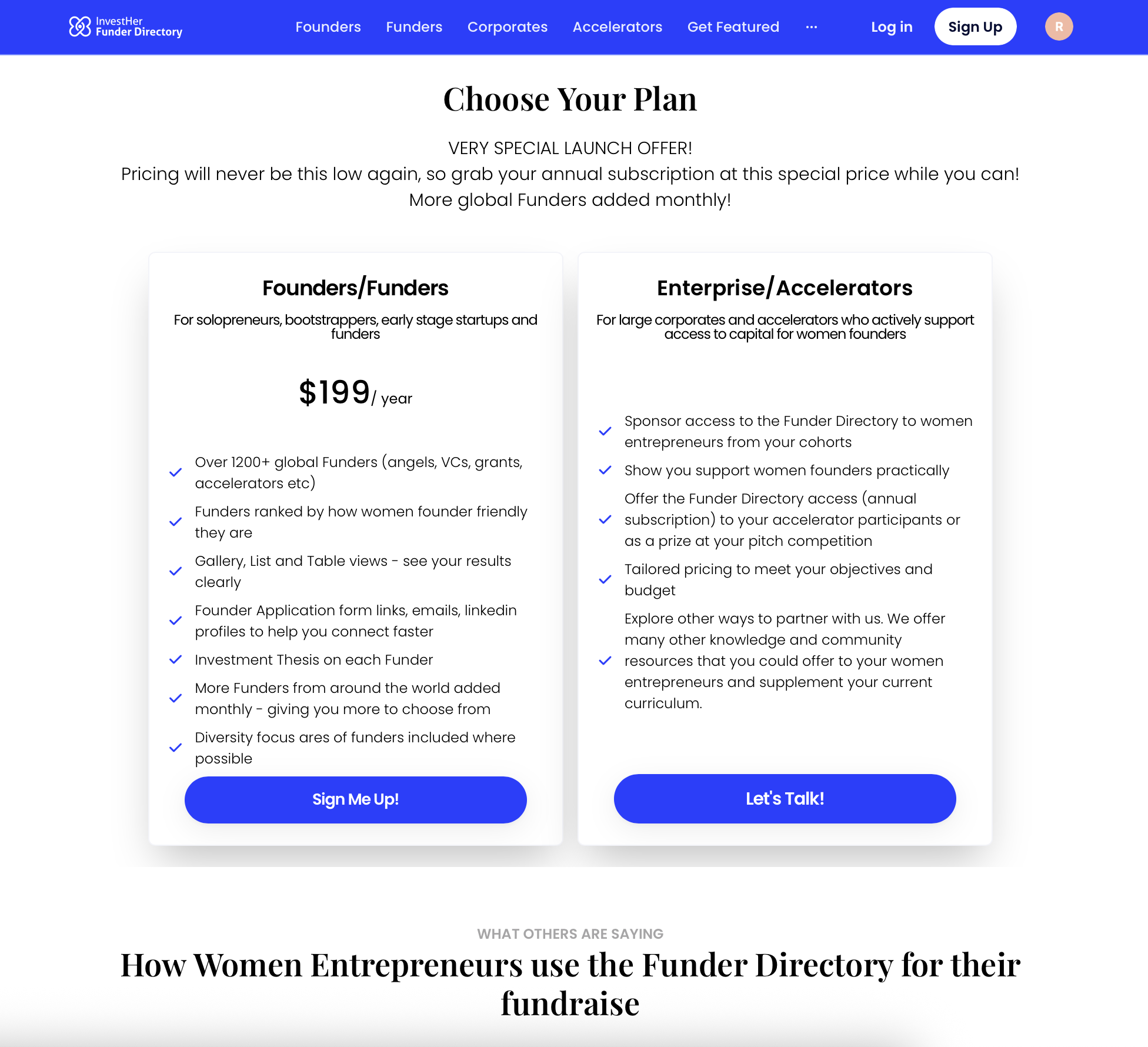 InvestHer Funder Directory - Pricing